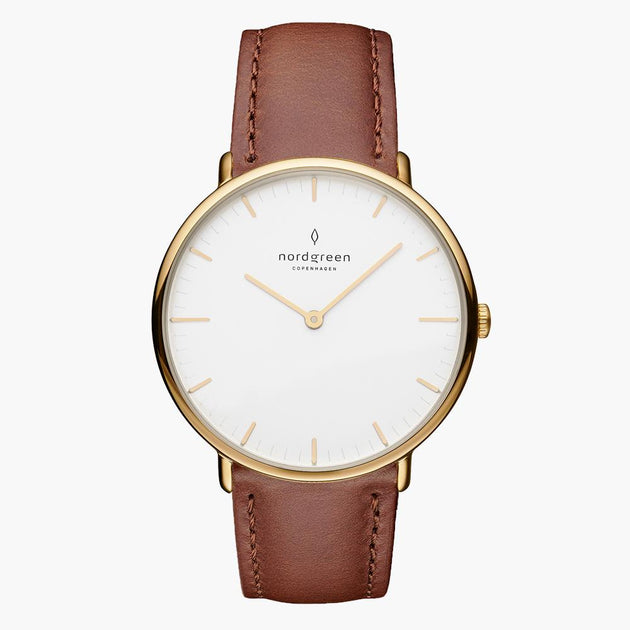 Mens watch white face brown leather store